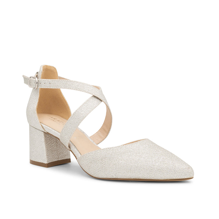 Farrah Silver | Wide Fit Mid Block Heel Cross Strap Court Shoe ...