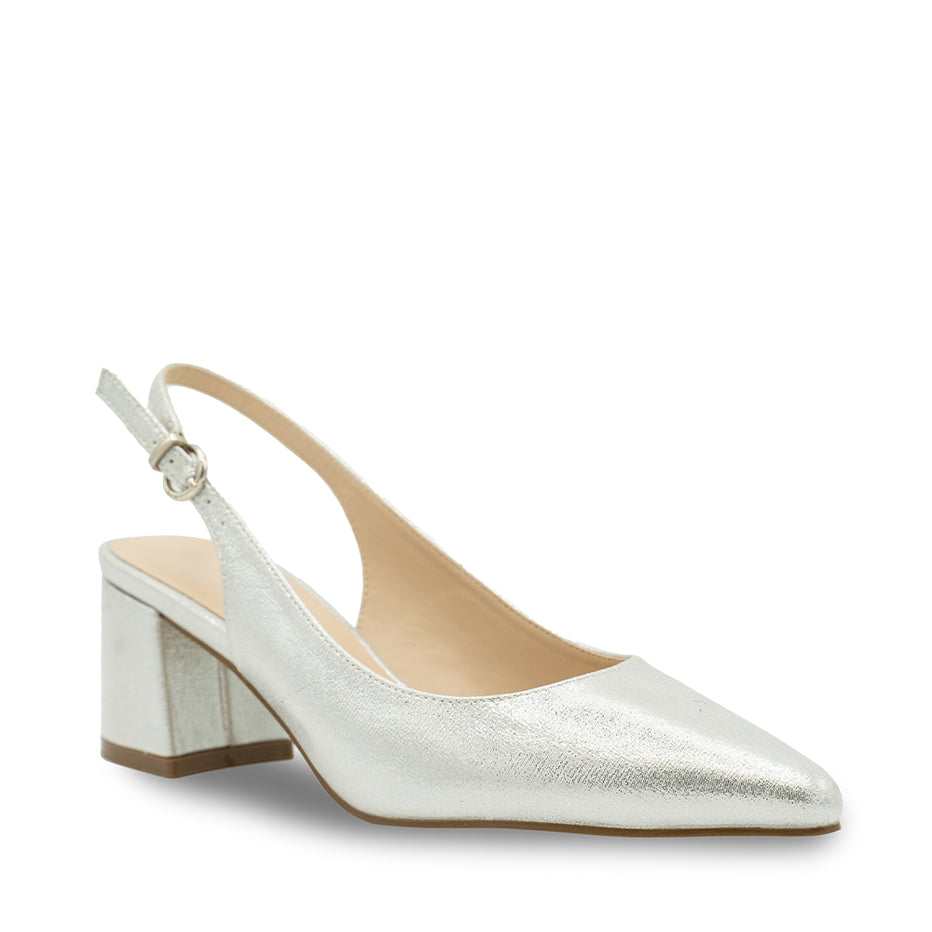 Flynn Silver | Wide Fit Block Heel Slingbacks | Paradox London