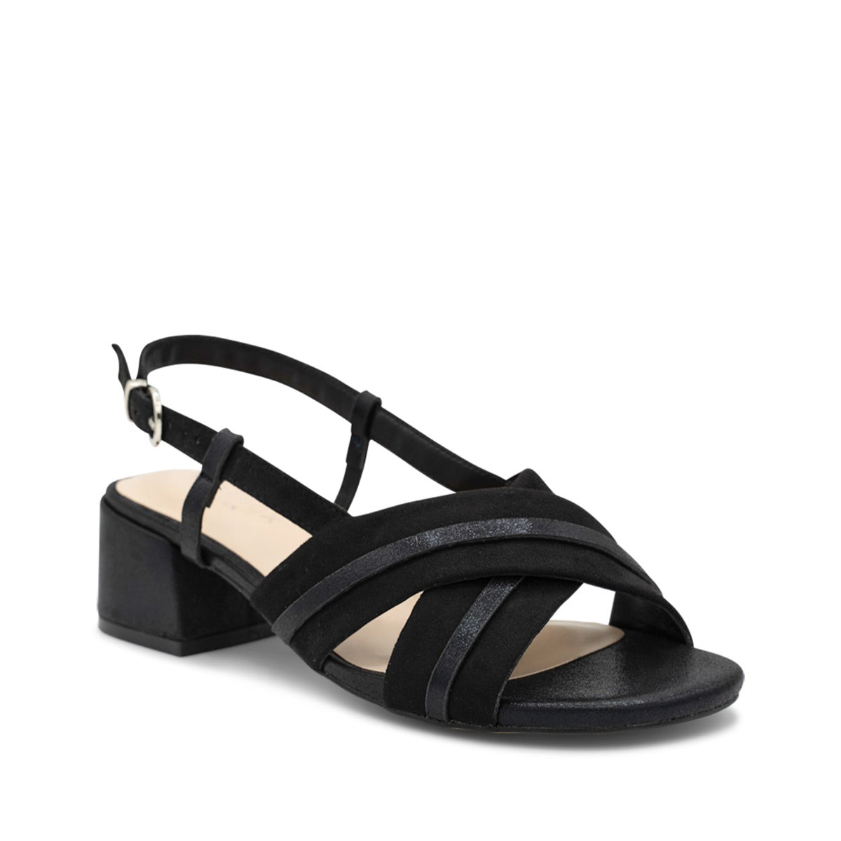 Nancy Wide Fit Black Micro Suede Wide Fit Sling Back Block Heel Sandals Paradox London