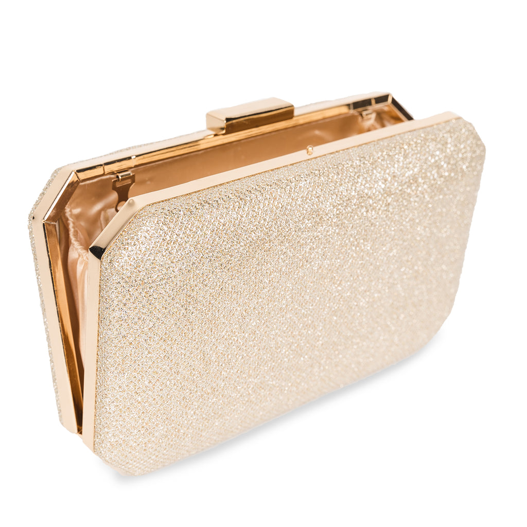 Dulcie Champagne Glitter Mesh Box Clutch Handbag | Paradox London
