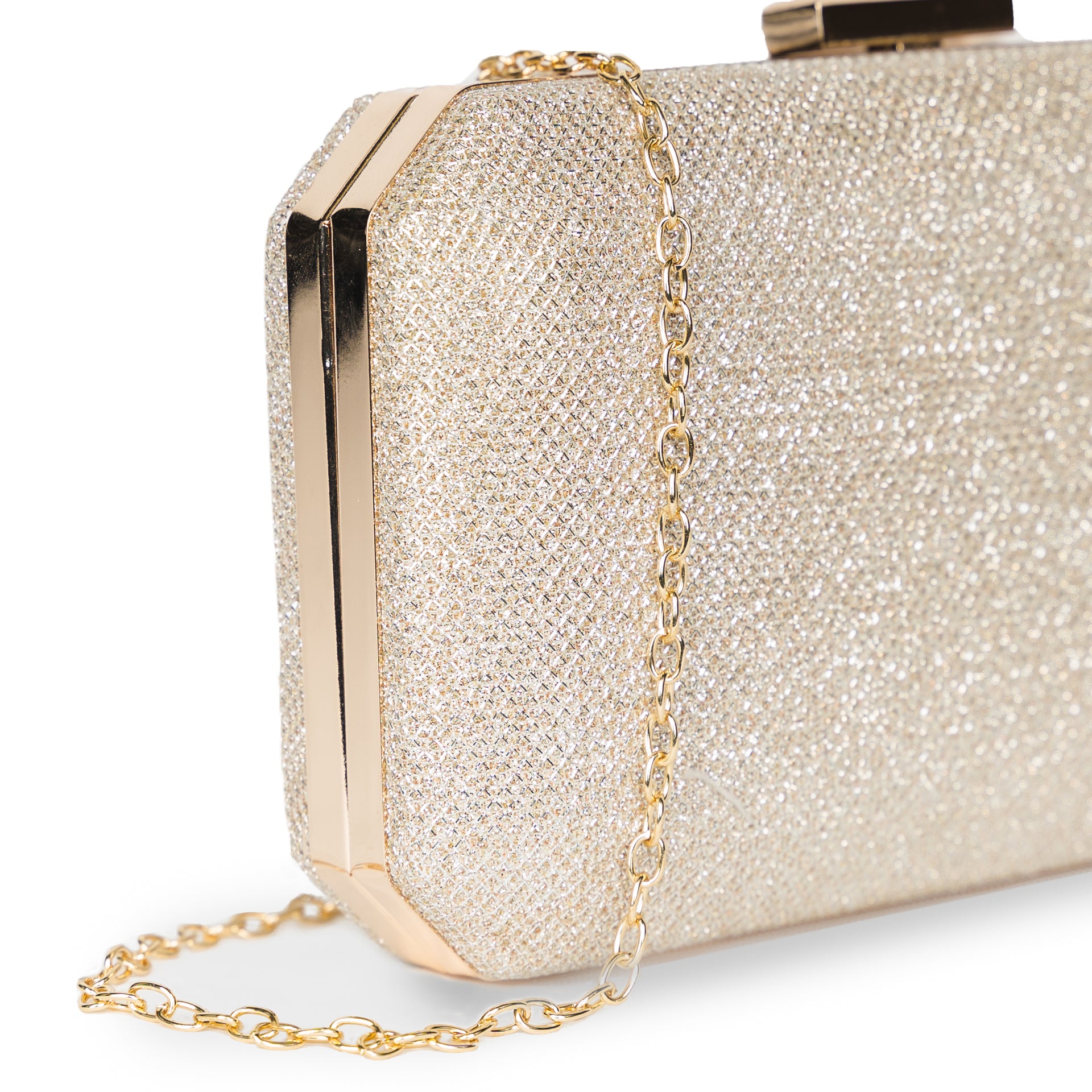 Dulcie Champagne Glitter Mesh Box Clutch Handbag | Paradox London