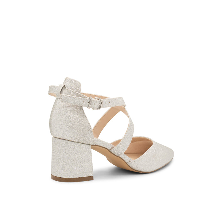 Farrah Silver | Wide Fit Mid Block Heel Cross Strap Court Shoe ...