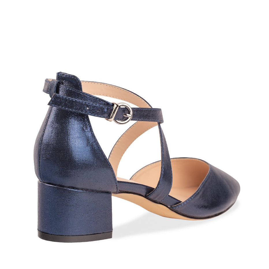 Fran Navy Shimmer | Wide Fit Low Block Heel Shoes | Paradox London
