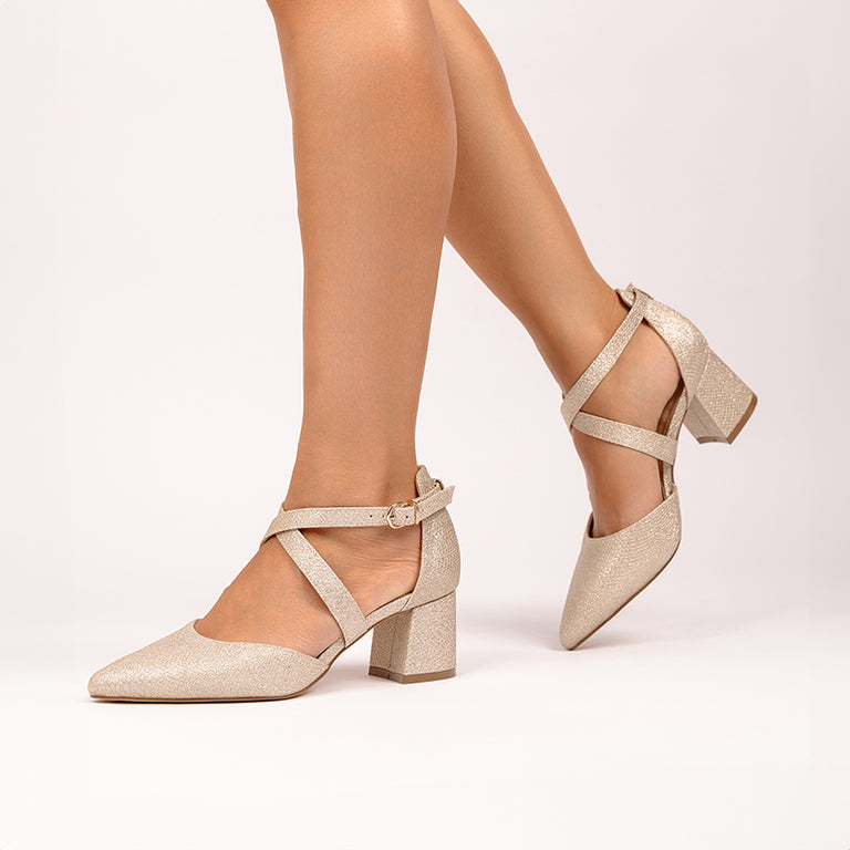 Farrah Champagne | Wide Fit Mid Block Heel Cross Strap Court Shoe ...