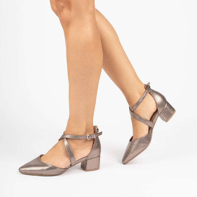Fran | Pewter Shimmer Wide Fit Low Block Heel Shoes | Paradox London